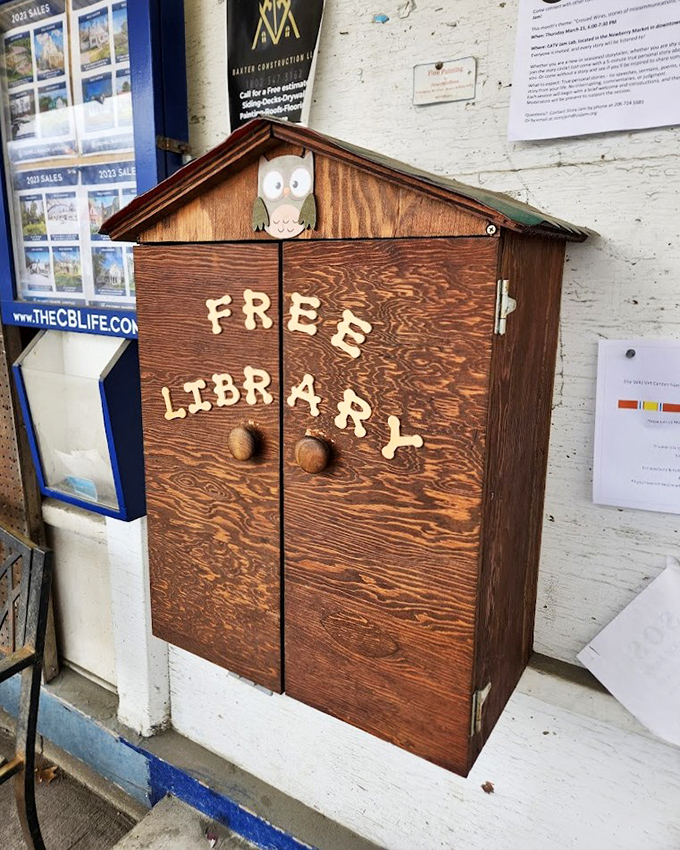 A charming wooden Free Library box invites literary exchanges, extending the store's community-minded spirit beyond its merchandise.