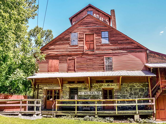 This historic grist mill once powered Bellows Falls' economy, its weathered red boards holding stories of Vermont's industrious past and pioneering spirit.