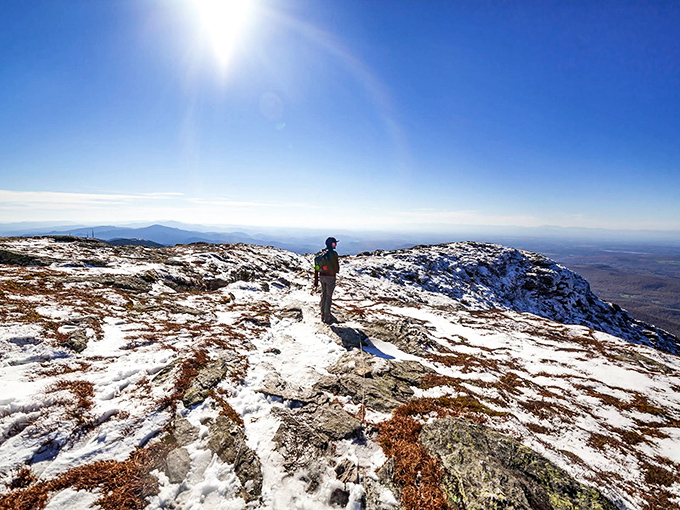 A solitary explorer stands triumphant against the vast horizon, a tiny human silhouette against winter's snowy canvas.