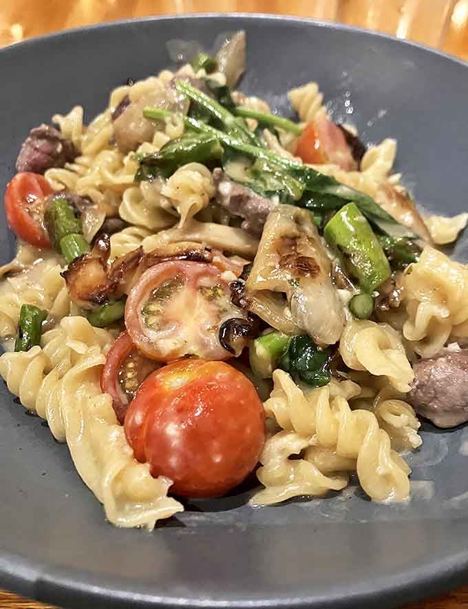 House-made pasta dances with seasonal vegetables and tender sirloin in this springtime celebration that would make an Italian grandmother nod in approval.