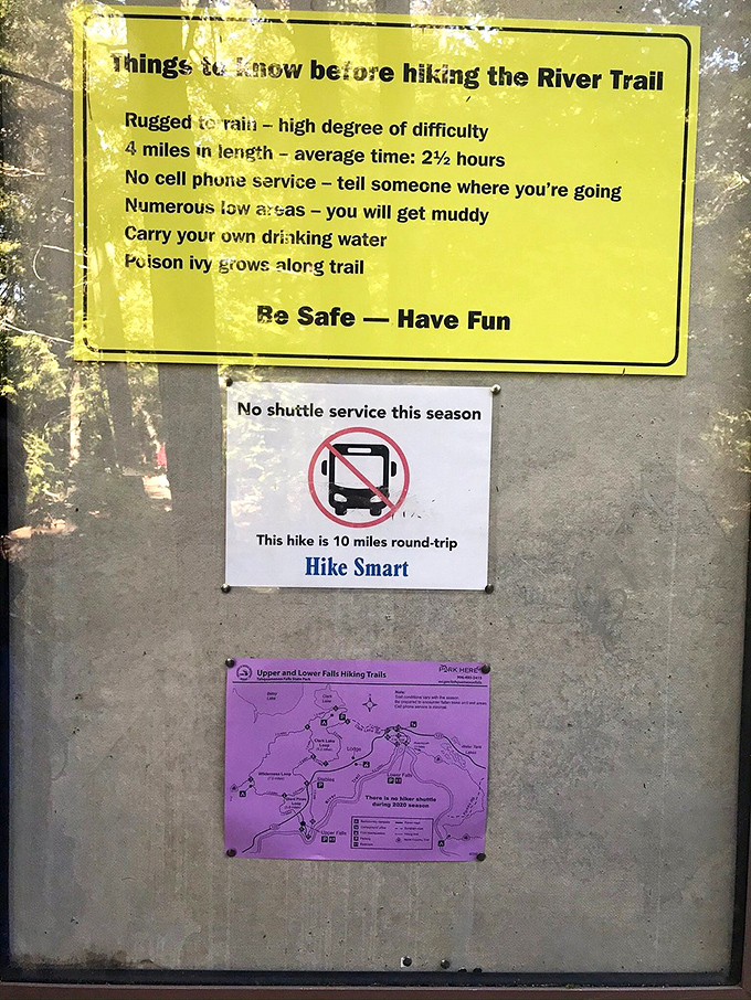 The trail sign offers friendly warnings that basically translate to "nature isn't kidding around here, folks."