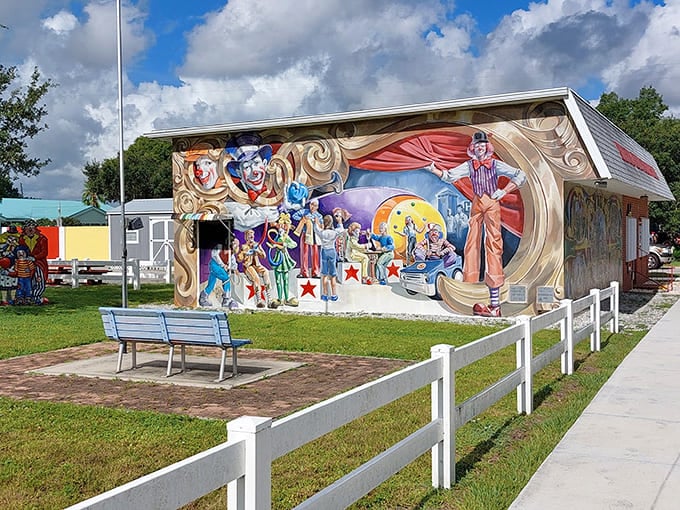 This circus mural captures Lake Placid's playful spirit better than any brochure ever could, clowns and all.