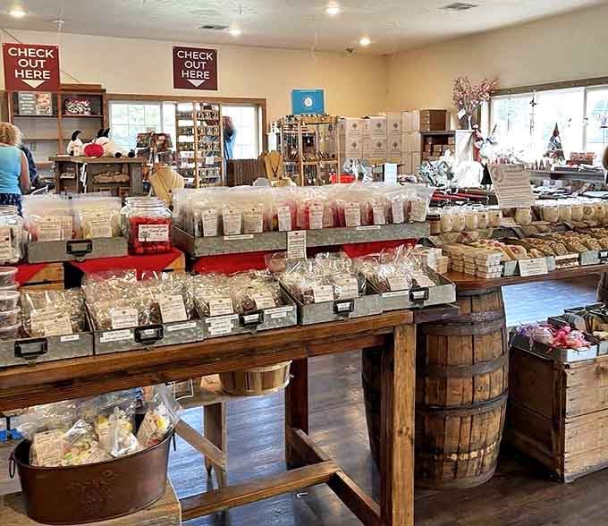 Edible souvenirs line rustic wooden shelves &ndash; the kind of shopping that makes your pantry and taste buds equally happy.