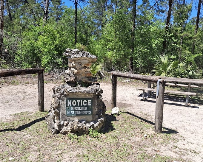 This rustic water fountain might not be for drinking, but it adds undeniable character to your wilderness adventure.