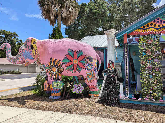 This pink elephant isn't the hallucination kind&mdash;it's a permanent resident standing proud in its floral finery. Impossible to ignore!