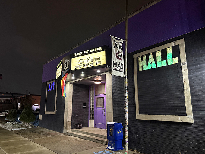 Planet Ant Theatre's purple facade signals its status as Hamtramck's creative heartbeat, where comedy, drama, and community converge in intimate performances.
