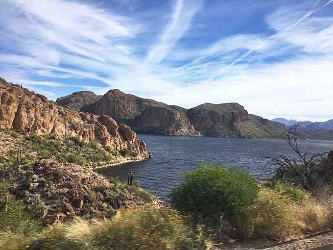 Roosevelt Lake stretches toward distant mountains, proving that Arizona's largest reservoir knows how to make an entrance.