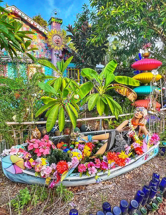 Sunlight dances across this rainbow-hued mannequin, where every surface has been transformed into a canvas for unbridled creativity.