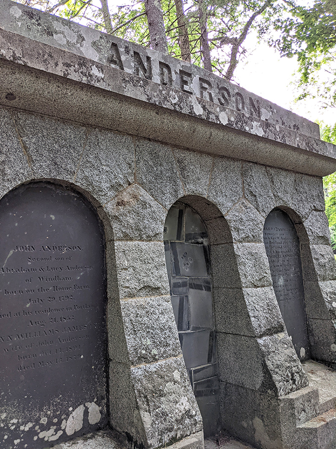 The weathered "Anderson" inscription stands as a testament to one of the area's most prominent families, their legacy preserved in stone.
