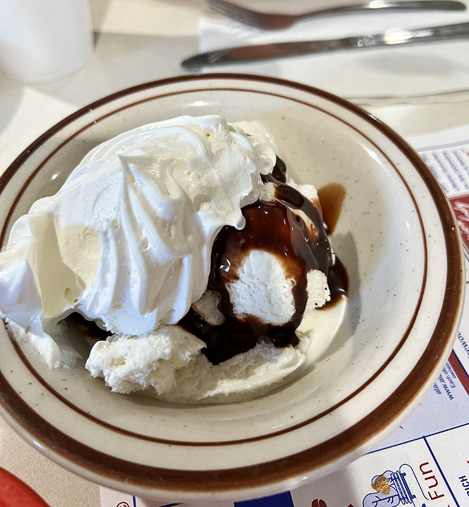 Simple pleasures: Vanilla ice cream and chocolate sauce in perfect harmony, proving sometimes the classics need no improvement.