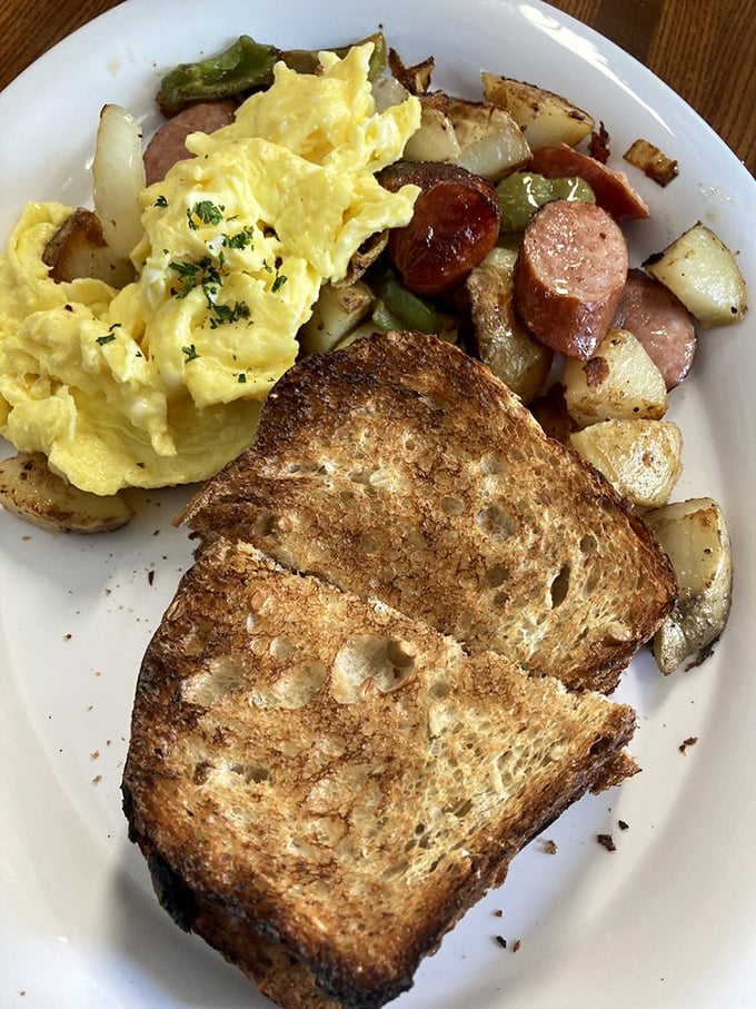 A breakfast scramble that tells the story of Maine mornings, with toast ready to soak up every last delicious bite.
