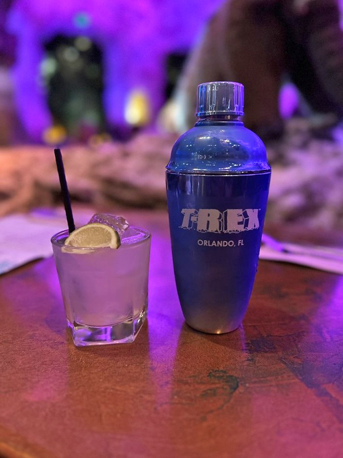 The signature T-Rex drink comes in a souvenir shaker &ndash; because nothing says "I survived dining with dinosaurs" like a branded cocktail container.