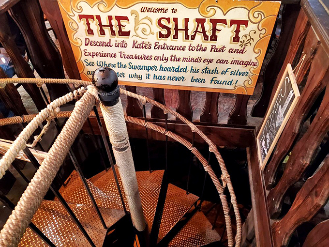 "The Shaft" entrance beckons adventurous diners to descend into a subterranean treasure trove of Western history.