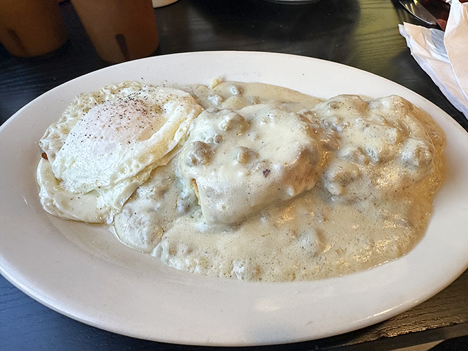 Sausage gravy and biscuits that would make a Southerner nod in respectful approval &ndash; comfort food that hugs you from the inside.