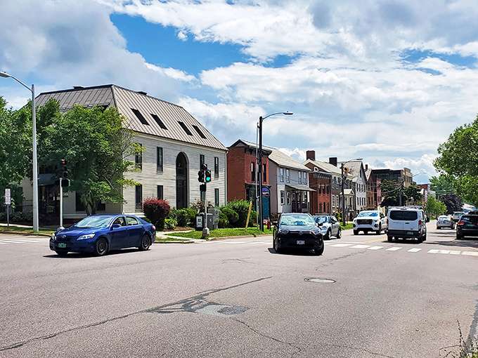 Colorful buildings line Burlington's streets, where historic architecture houses modern businesses in a perfect small-city symbiosis.