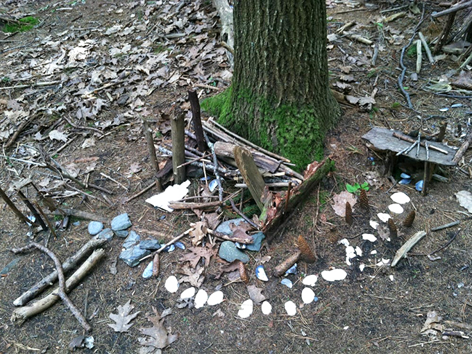 This elaborate fairy home features multiple rooms, with leaf curtains and a stone table set for entertaining important woodland guests.