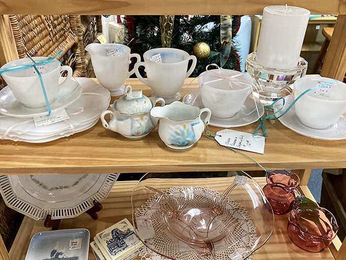 Delicate milk glass and vintage tableware await new homes, ready to transform ordinary meals into occasions worth remembering.