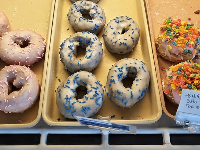 A rainbow of donut possibilities awaits, like a delicious choose-your-own-adventure where every ending is delightfully sweet.