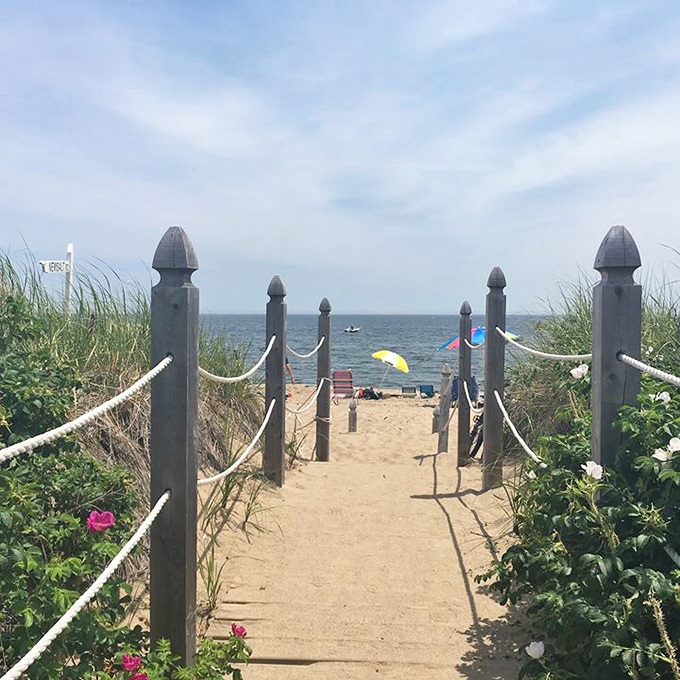 Beach roses frame this sandy pathway to paradise &ndash; nature's own red carpet leading straight to the Atlantic's refreshing embrace.
