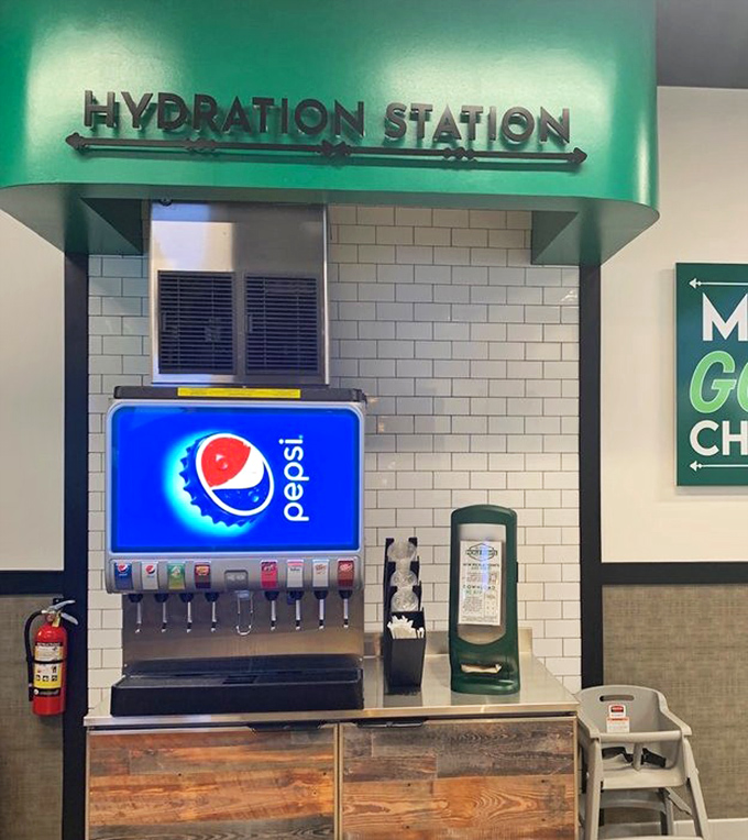 The "Hydration Station" stands ready to quench thirsts with fountain favorites &ndash; because proper sandwich enjoyment requires proper beverage support.