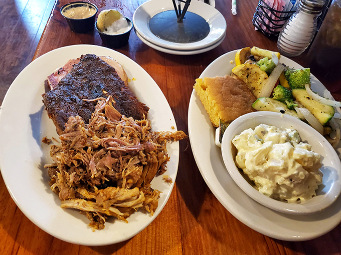 Savor a hearty Dodgeville dinner featuring tender pulled pork, savory ribs, cornbread, and fresh vegetables for the ultimate comfort meal.