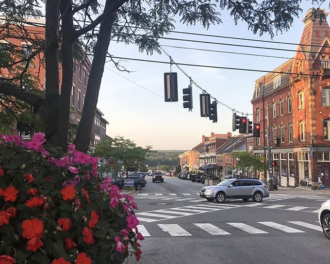 Sunset bathes downtown in golden light, transforming ordinary brick buildings into something magical at day's end.