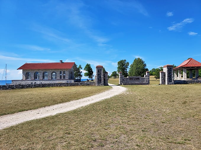 Stone meets water in perfect harmony at the boathouse entrance, where boats once glided into this magnificent structure fit for Viking vessels.