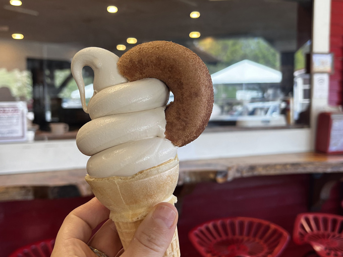The ultimate indulgence: creamy vanilla soft serve meets warm cinnamon-sugar donut in a dessert marriage that should require a license.