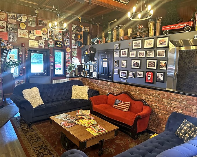 The lounge area invites post-dinner relaxation with comfortable seating and walls adorned with firefighting memorabilia that tells Barre's story one artifact at a time.