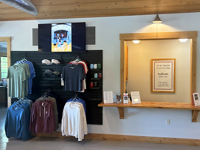 Wine country souvenirs worth the suitcase space: The merchandise corner offers wearable reminders of days spent lakeside with glass in hand.