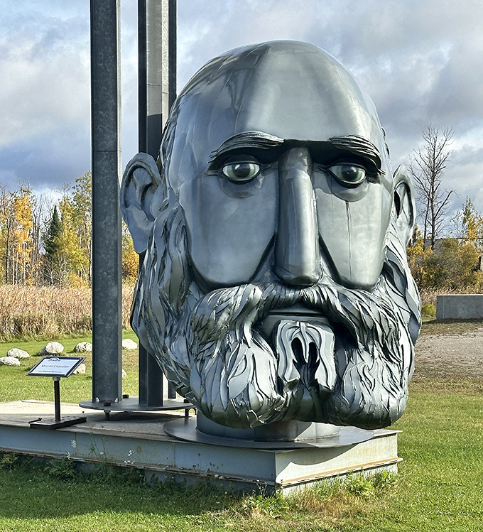 A metallic portrait captures the essence of Merritt Chandler, looking thoughtfully into the distance as if contemplating his next great idea.
