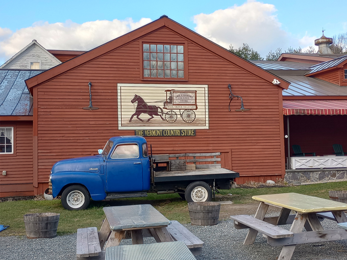 Outdoor Seating: Where shopping breaks become memory-making moments &ndash; rustic picnic tables and a vintage truck create perfect photo opportunities.