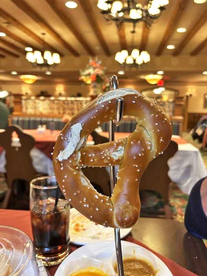 The authentic German pretzel arrives on its own display stand - substantial, chewy, perfectly salted, and miles beyond those sad mall pretzels.