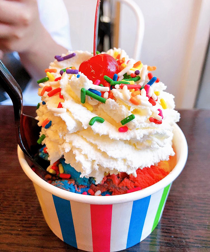 Rainbow ice cream topped with clouds of whipped cream and sprinkles &ndash; childhood joy served in a cup, no age restrictions.