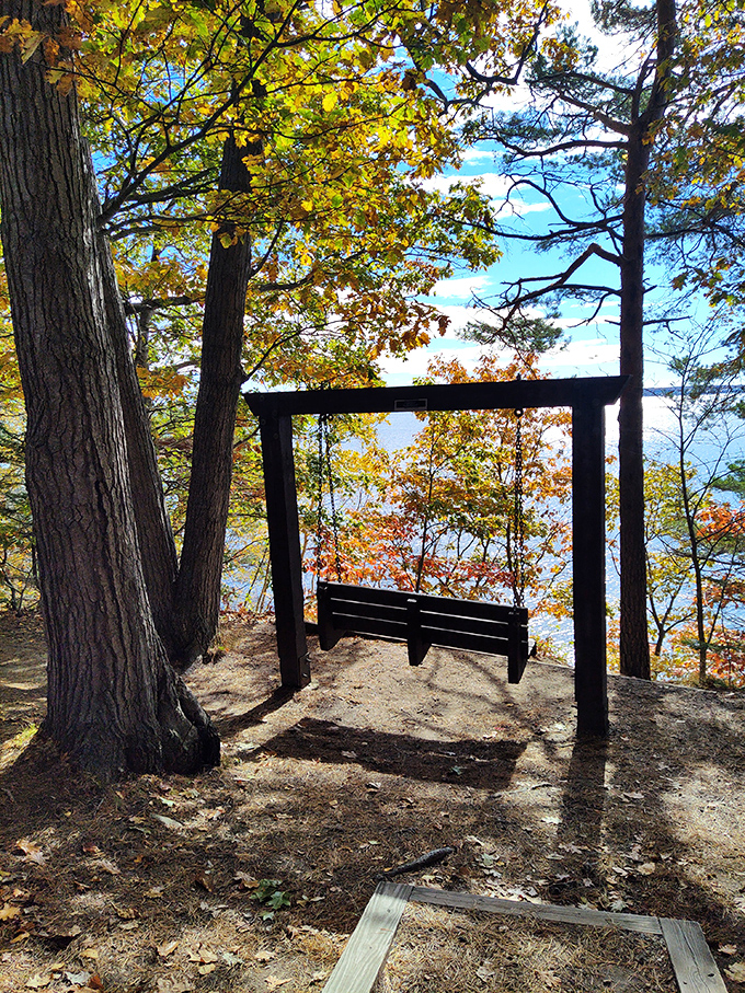 This swinging bench offers perhaps the most enviable view in Maine—ocean panoramas framed by autumn foliage.