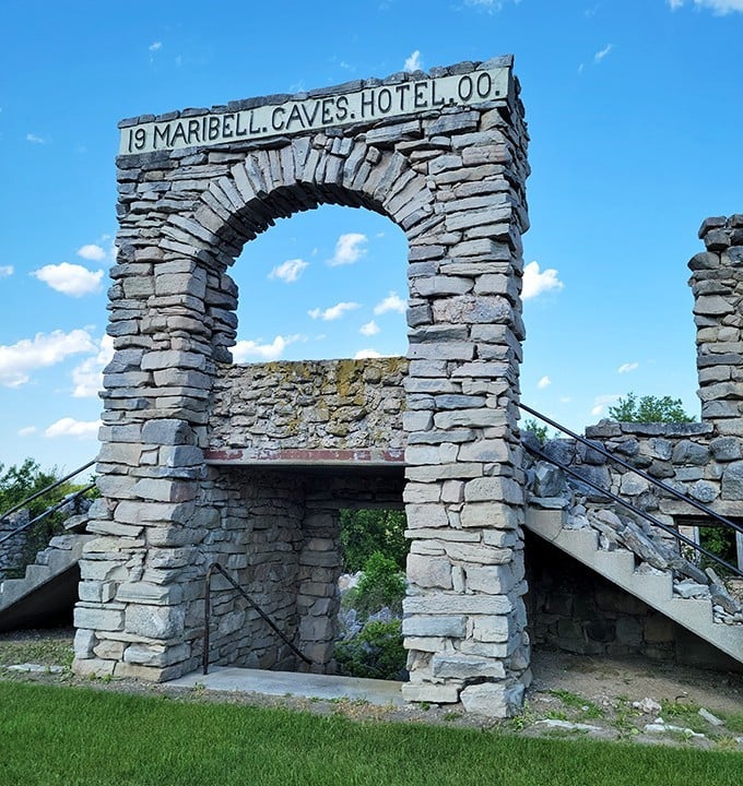 "19 MARIBELL CAVES HOTEL CO" still announces itself to visitors. The stone archway stands like a portal between present day Wisconsin and its colorful past.
