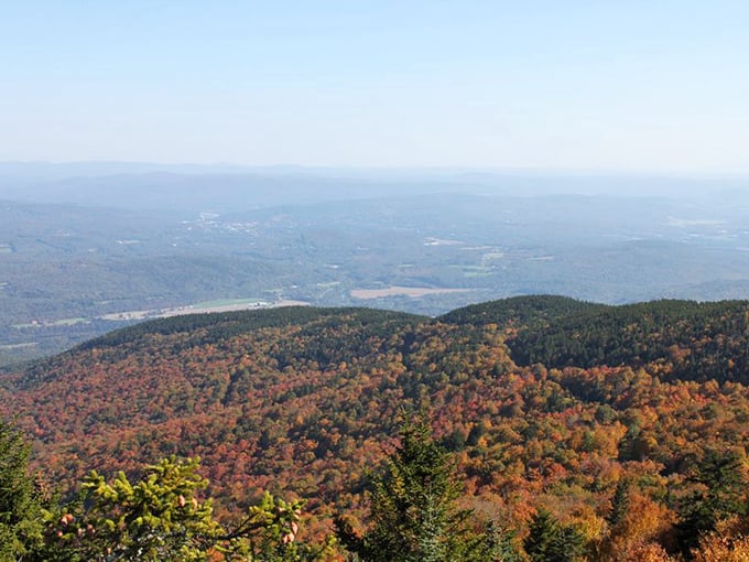 Verdant valley vista: From Ascutney's heights, Vermont's lush landscape stretches to the horizon, a living topographical map of New England beauty.