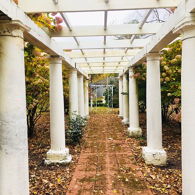 A white pergola creates a romantic pathway through the gardens, standing like sentinels guarding nature's beauty.