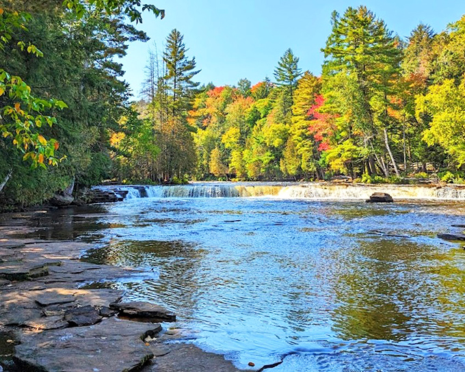The wide, theatrical drop of Tahquamenon Falls showcases why it's Michigan's largest waterfall, creating a natural stage where water performs its timeless show.