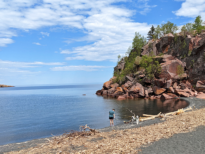 Even four-legged visitors appreciate the unique beauty of this volcanic-looking shoreline, though they might wonder why the sand tastes different.