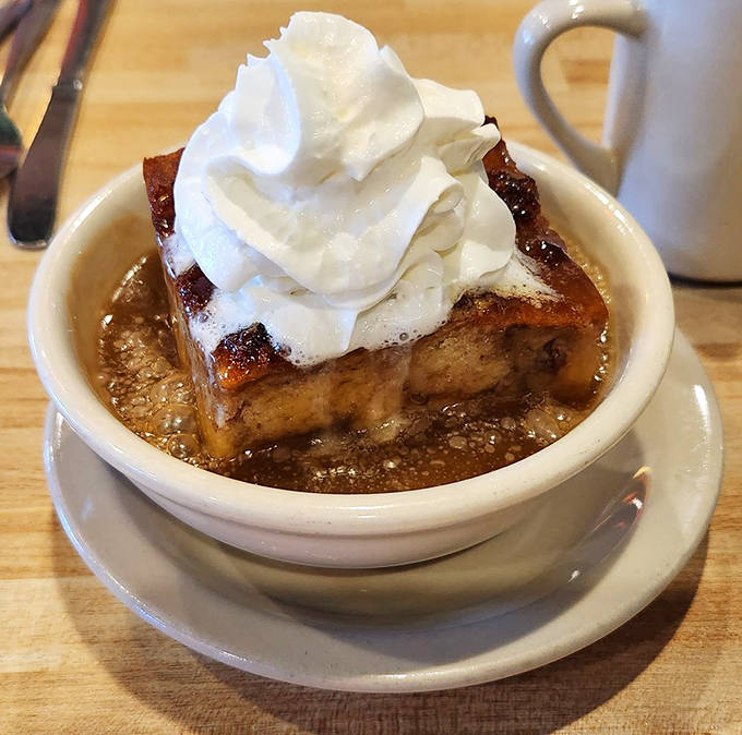 This bread pudding isn't just dessert; it's a warm, cinnamon-spiced hug in a bowl, topped with whipped cream that's melting into all the right places.