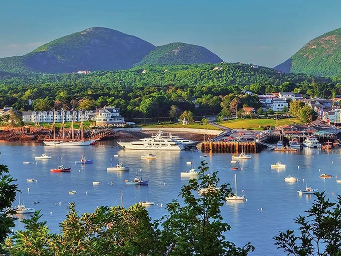 The bustling harbor of Bar Harbor welcomes vessels of all kinds, from sailing yachts to tour boats exploring Mount Desert Island.