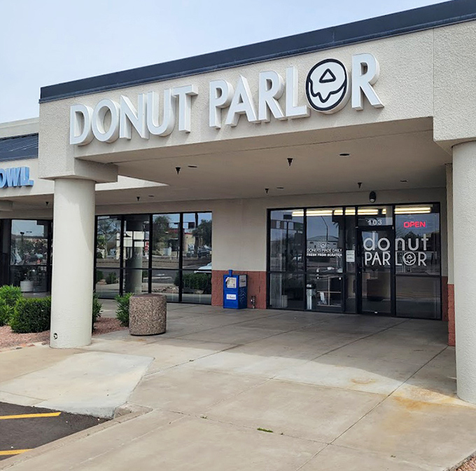Donut Parlor's modern facade and distinctive logo signal that these aren't your grandpa's donuts.