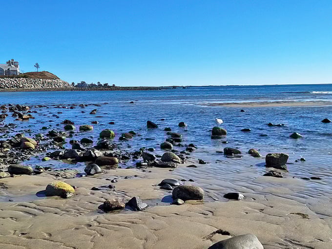 Parson's Beach offers a perfect blend of sandy shores and rocky outcroppings, with far fewer footprints than Maine's more famous beaches.