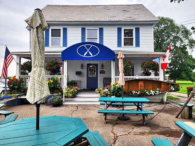Bright blue accents and picnic tables create a casual, fun atmosphere perfect for families exploring the islands together.