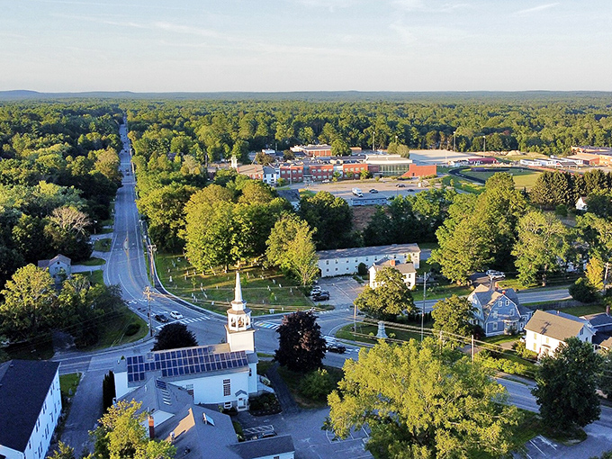 The heart of Yarmouth unfolds from above, where historic buildings and green spaces create a community that values its past.