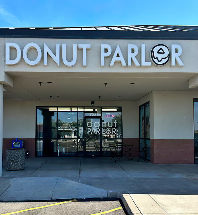 The clean lines and minimalist design of Donut Parlor's exterior hide a world of creative donut innovations inside.