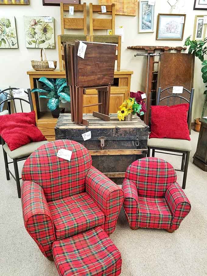 Wooden furniture pieces and home decor items at Heritage Thrift demonstrate the quality and variety available at this small-town thrifting gem.