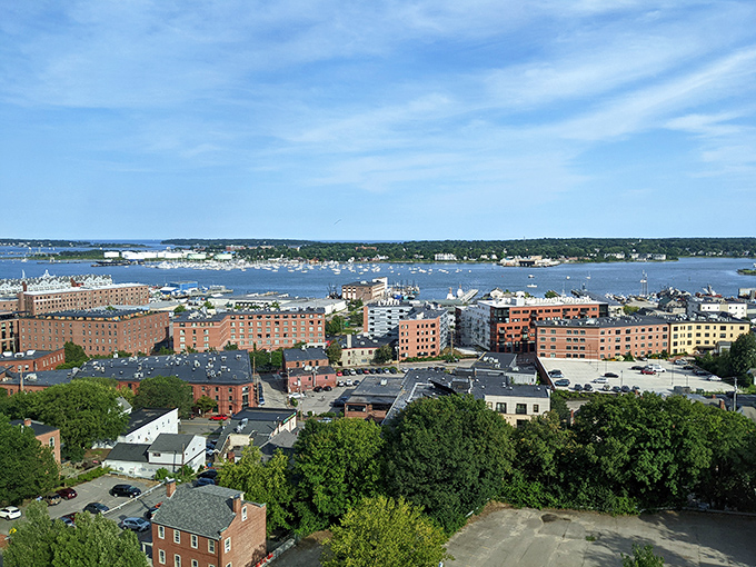 Morning light illuminates Portland's waterfront buildings, but as evening approaches, the familiar architecture takes on a more sinister aspect.