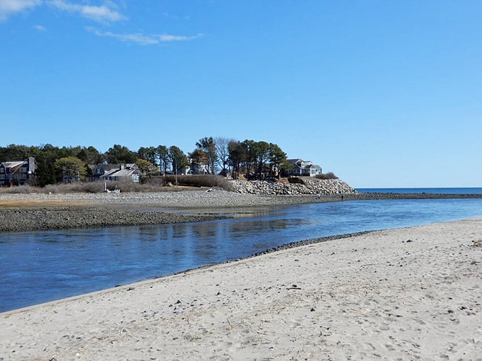 The peaceful meeting of river and ocean creates a uniquely sheltered beach experience at Parson's, where families can spread out and relax.